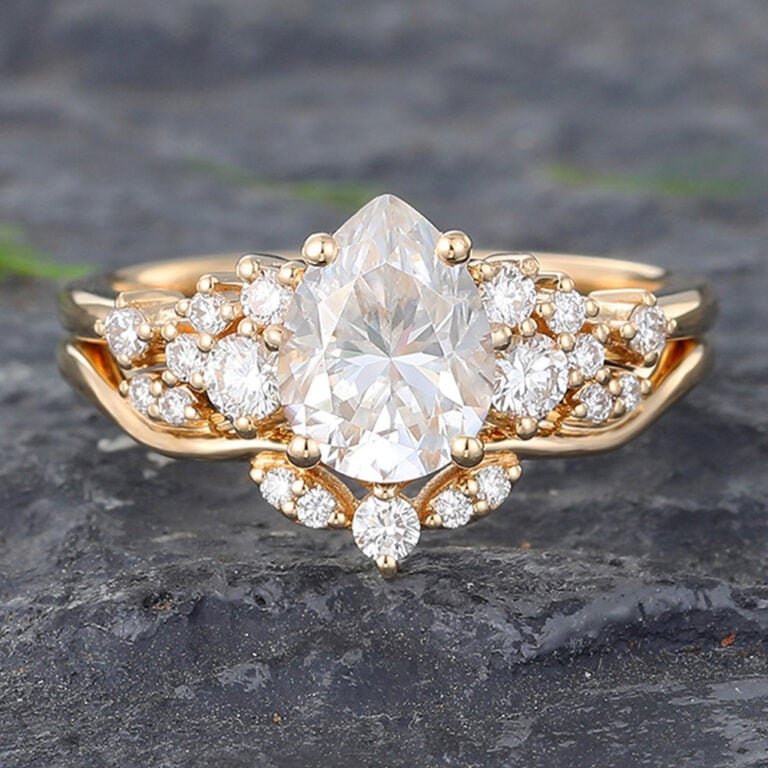 Pear Shaped Moissanite Cluster Bridal Ring Set 14K Yellow Gold | PattiRing
