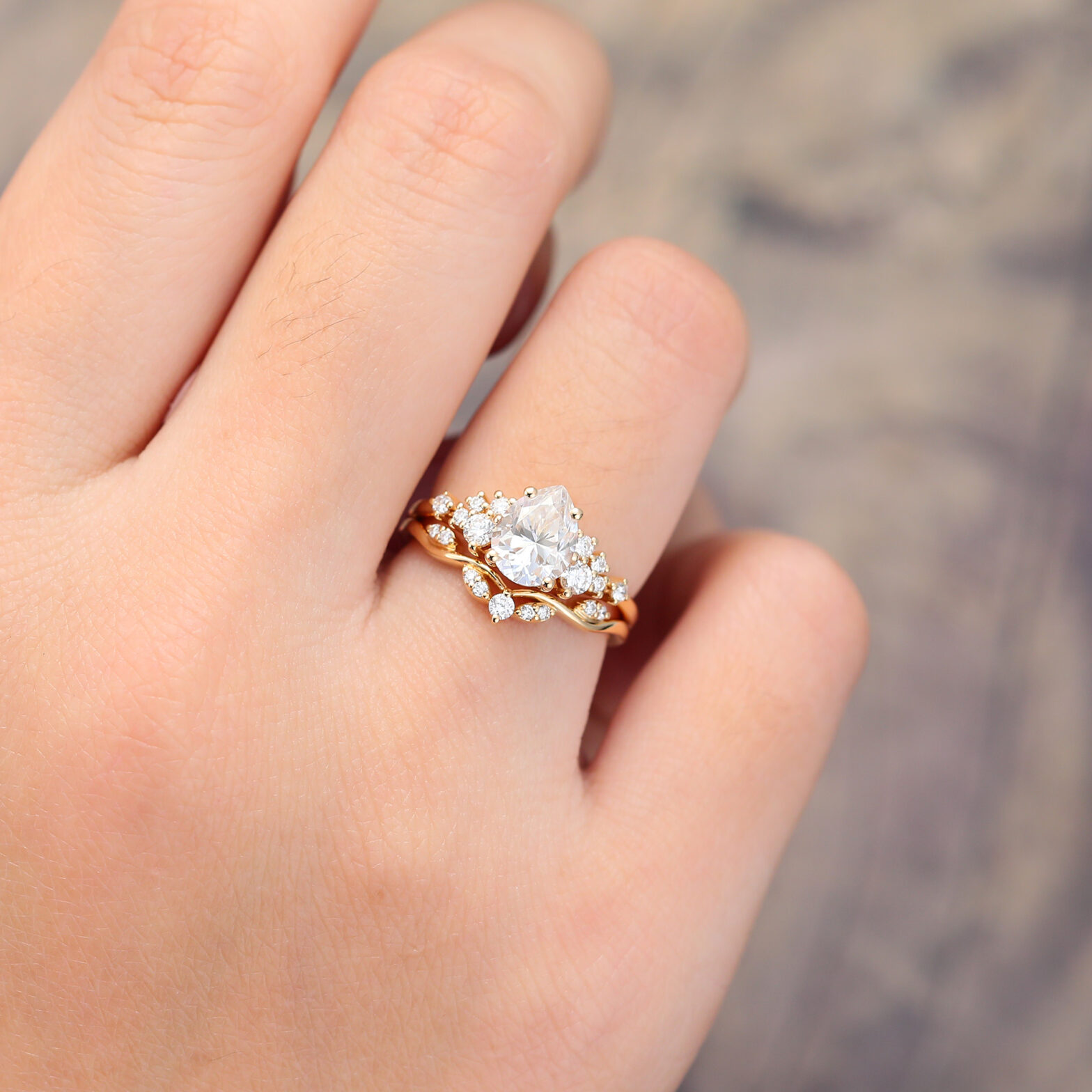 Pear Shaped Moissanite Cluster Bridal Ring Set 14K Yellow Gold | PattiRing