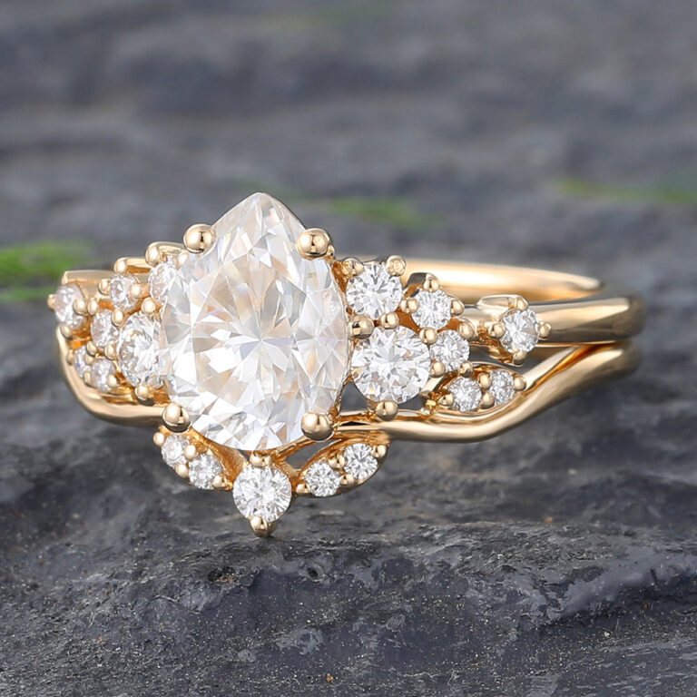 Pear Shaped Moissanite Cluster Bridal Ring Set 14K Yellow Gold | PattiRing
