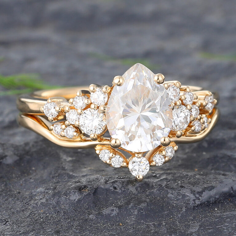 Pear Shaped Moissanite Cluster Bridal Ring Set 14K Yellow Gold | PattiRing