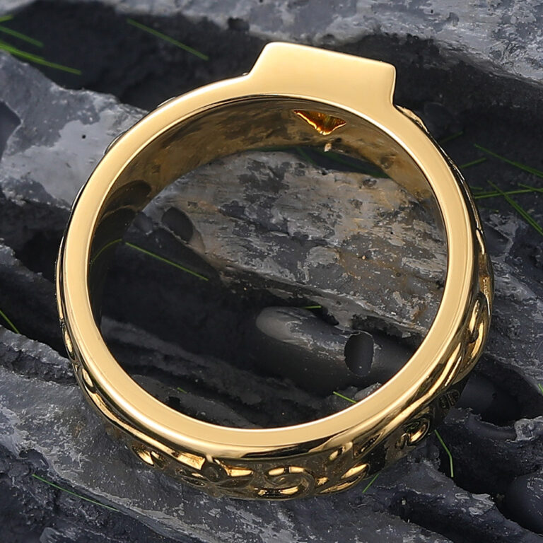 Bezel Triangle Cut Moss Agate Engraved Wedding Band Gold | PattiRing