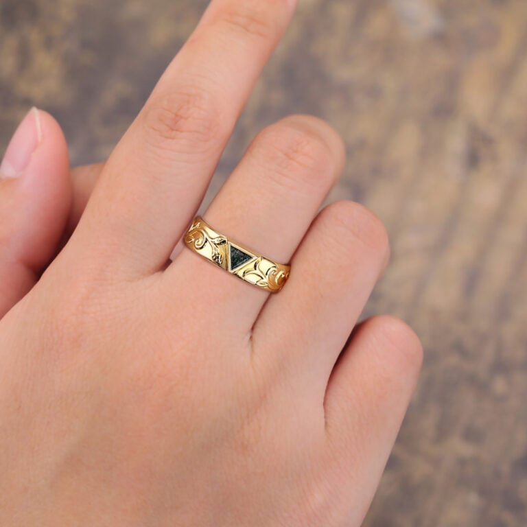 Bezel Triangle Cut Moss Agate Engraved Wedding Band Gold | PattiRing