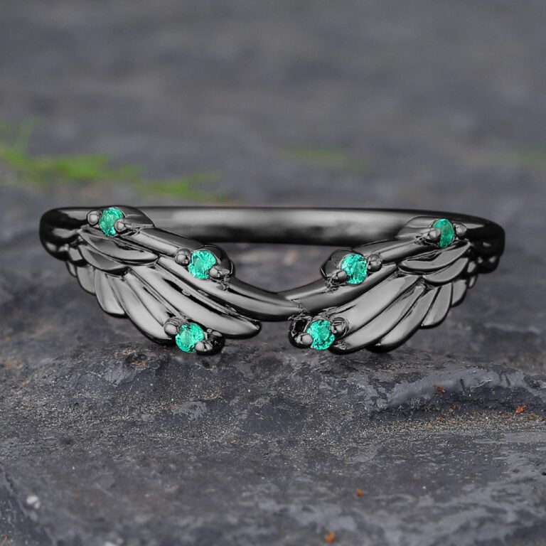 Wing Curved Wedding Band | Black Gold with Emerald Accents | PattiRing